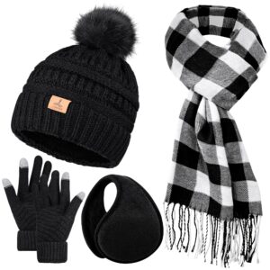 winter hat scarf gloves and ear warmer, knit warm beanie hat touch screen gloves long knitted plaid scarf set gifts for women black