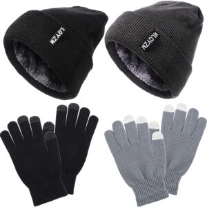 4 piece set winter beanie hat and glove set with fleece lining, winter hat and gloves set, unisex cap and glove set for men women black, gray