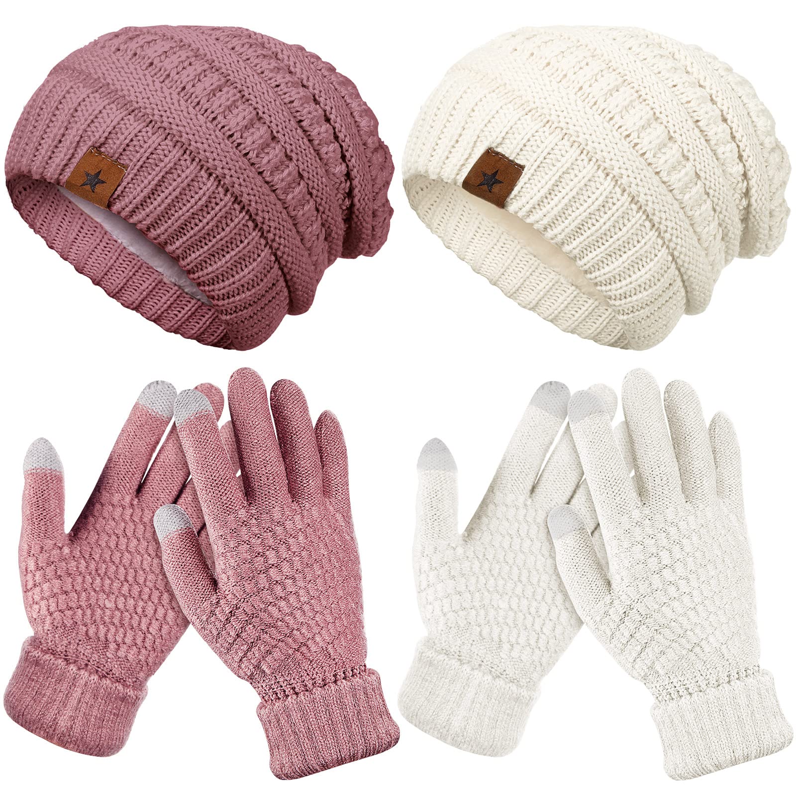 Jeere 4 Pieces Winter Glove and Hat Set Winter Hat Touchscreen Gloves Warm Knitted Beanie Hats and Gloves for Women (Pink, White)