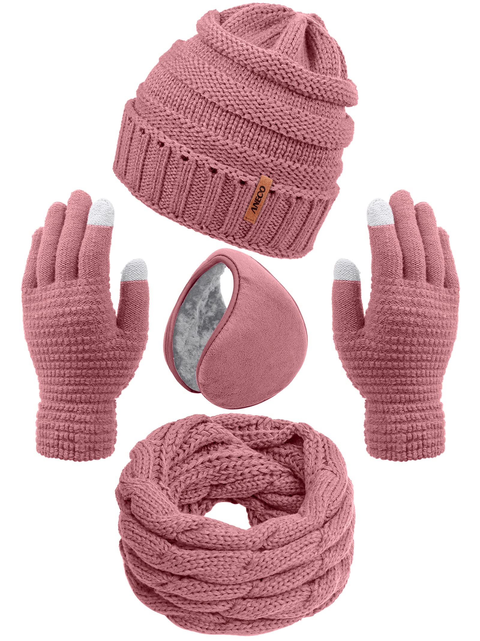 Aneco Winter Warm Sets Knitted Scarf Beanie Hat Touch Screen Gloves and Winter Ear Warmer for Men or Women