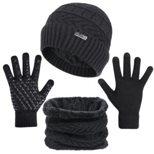 3-pieces winter beanie hats, scarf and touch screen gloves set for men and women, warm knit cap set black