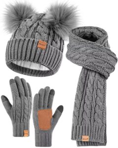 winter hat scarf glove set for women, warm fleece lined womens beanie hat with double pom pom, gloves with touchscreen fingers, knit scarf neck warmer for cold weather-grey