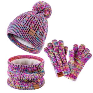 girls winter hat, gloves & scarf set - fleece lined with pom beanie, neck warmer & mittens for toddler & children