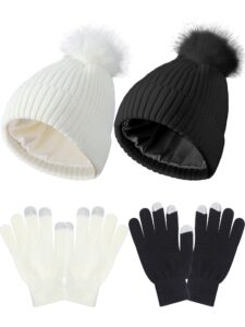 4 pieces womens winter satin lined knit pom beanie hats touchscreen gloves set