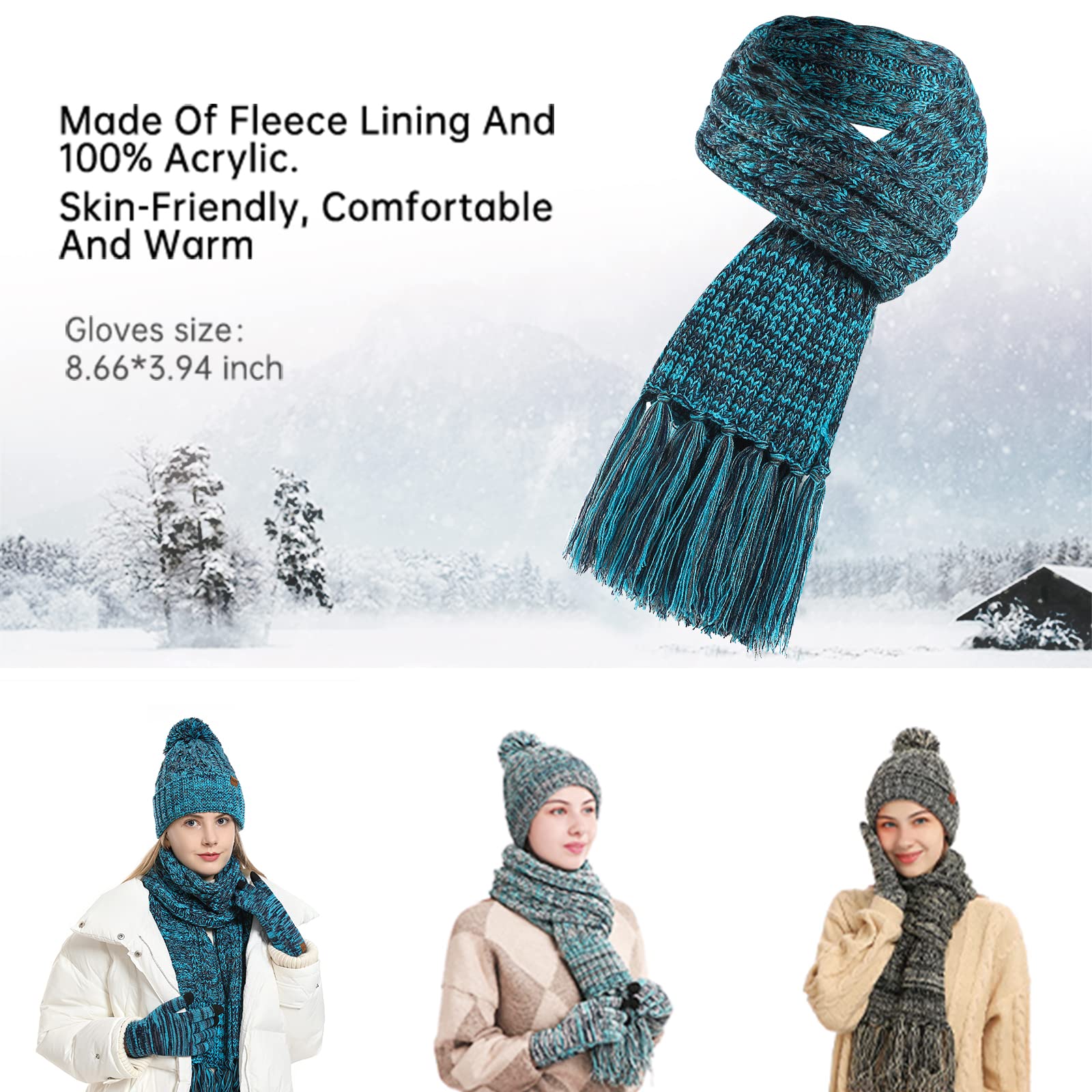 Honnesserry Winter Warm Beanie Hat Scarf and Touchscreen Gloves Set for Womens Skull Caps Neck Scarves with Fleece Lined