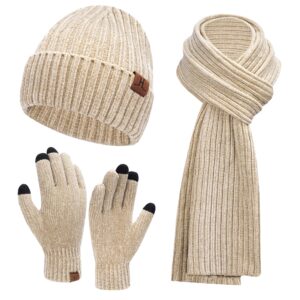 womens winter knit warm hat beanie+long scarf+touch screen gloves set skull caps neck scarves for women men