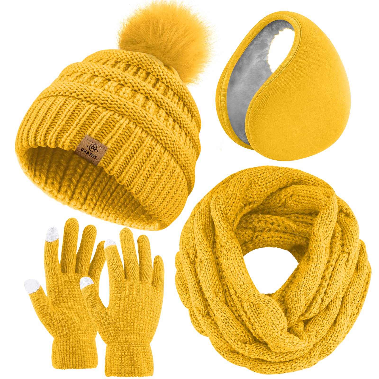 URATOT Winter Warm Sets Knitted Scarf Beanie Pompom Hat Touch Screen Gloves and Winter Ear Warmer Set for Men or Women