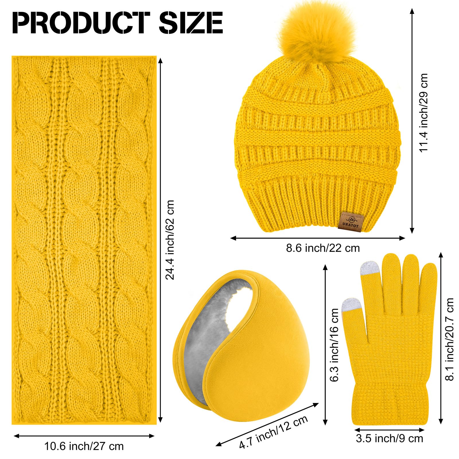 URATOT Winter Warm Sets Knitted Scarf Beanie Pompom Hat Touch Screen Gloves and Winter Ear Warmer Set for Men or Women