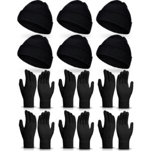 12 pieces winter beanies hat and gloves for men women warm knitted caps gloves set 6 pairs unisex winter mittens 6 warm hats(black)