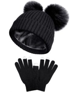 2 pieces satin lined winter hats women pom beanies winter knitted pom hat touchscreen gloves set for women girls