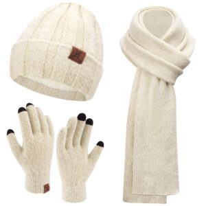 womens winter warm knit beanie hat touchscreen gloves long neck scarf set with fleece lined skull caps gifts for women men