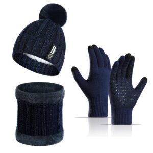 pom beanie hat scarf gloves set 3 in 1 warm thick lining slouchy beanie hats scarf touch screen gloves for womens girls (navy)