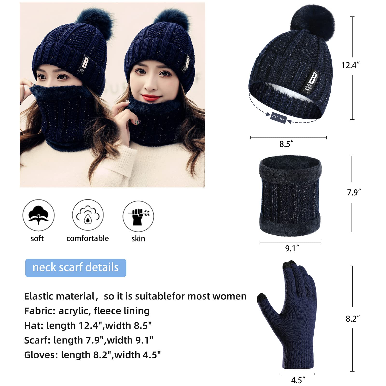 Pom Beanie Hat Scarf Gloves Set 3 in 1 Warm Thick Lining Slouchy Beanie Hats Scarf Touch Screen Gloves for Womens Girls (Navy)