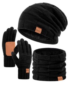 mens hat scarf and gloves set winter, thick thermal fleece lined slouchy beanie neck warmer scarves touchscreen gloves, 3 in 1 warm set for cold weather(black)