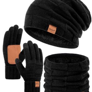 Mens Hat Scarf and Gloves Set Winter, Thick Thermal Fleece Lined Slouchy Beanie Neck Warmer Scarves Touchscreen Gloves, 3 in 1 Warm Set for Cold Weather(Black)