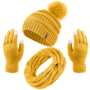 aneco womens winter warm sets knitted fur pompoms beanie hat circle loop scarf touch screen gloves winter favor accessories