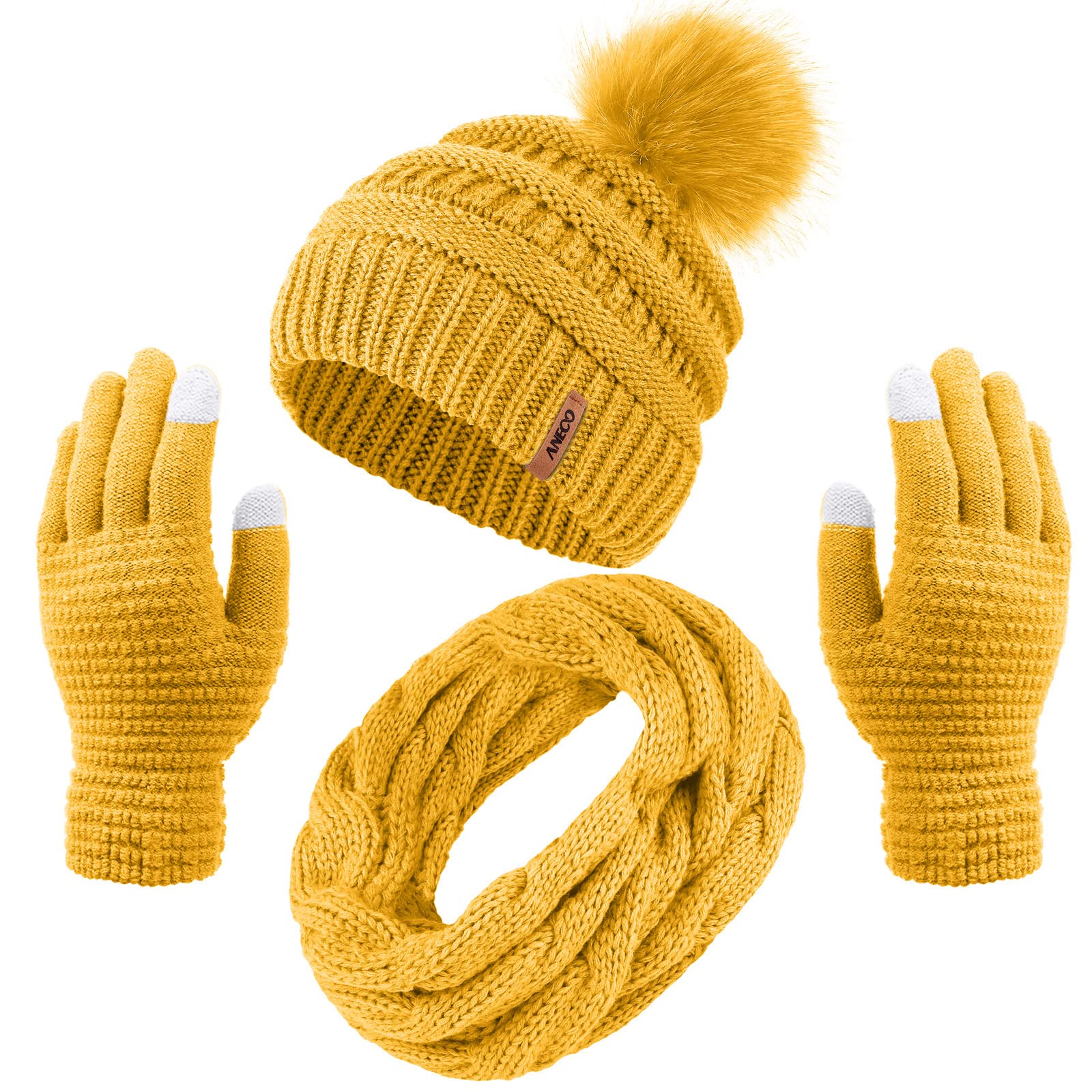 Aneco Womens Winter Warm Sets Knitted Fur Pompoms Beanie Hat Circle Loop Scarf Touch Screen Gloves Winter Favor Accessories