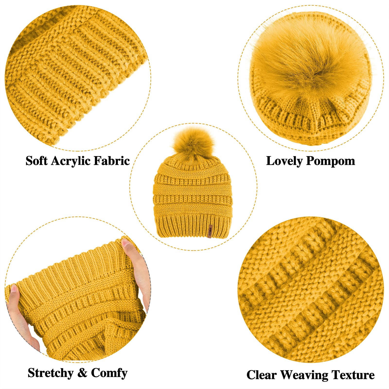 Aneco Womens Winter Warm Sets Knitted Fur Pompoms Beanie Hat Circle Loop Scarf Touch Screen Gloves Winter Favor Accessories