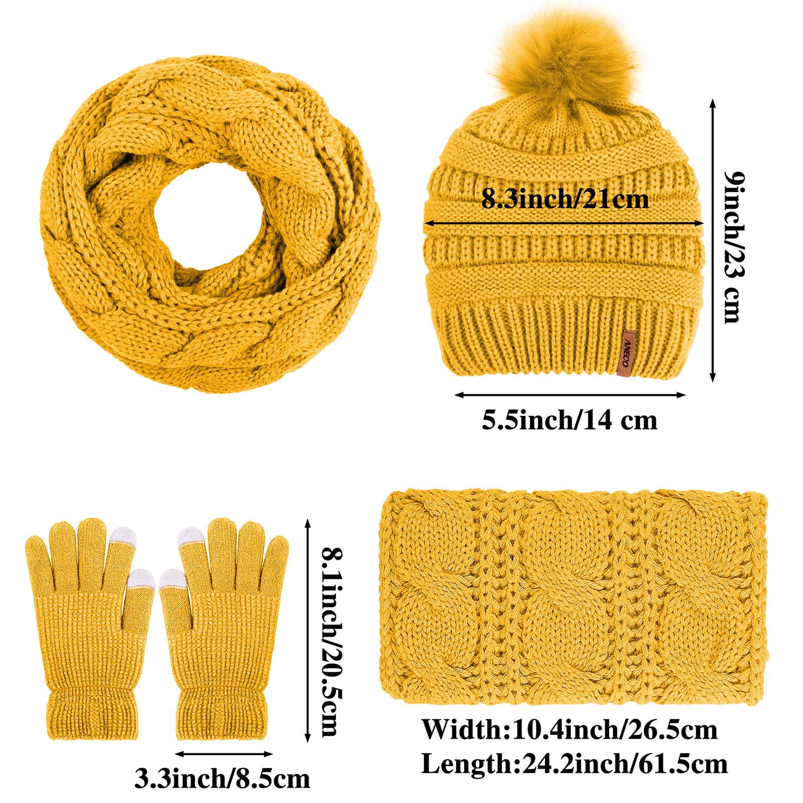 Aneco Womens Winter Warm Sets Knitted Fur Pompoms Beanie Hat Circle Loop Scarf Touch Screen Gloves Winter Favor Accessories