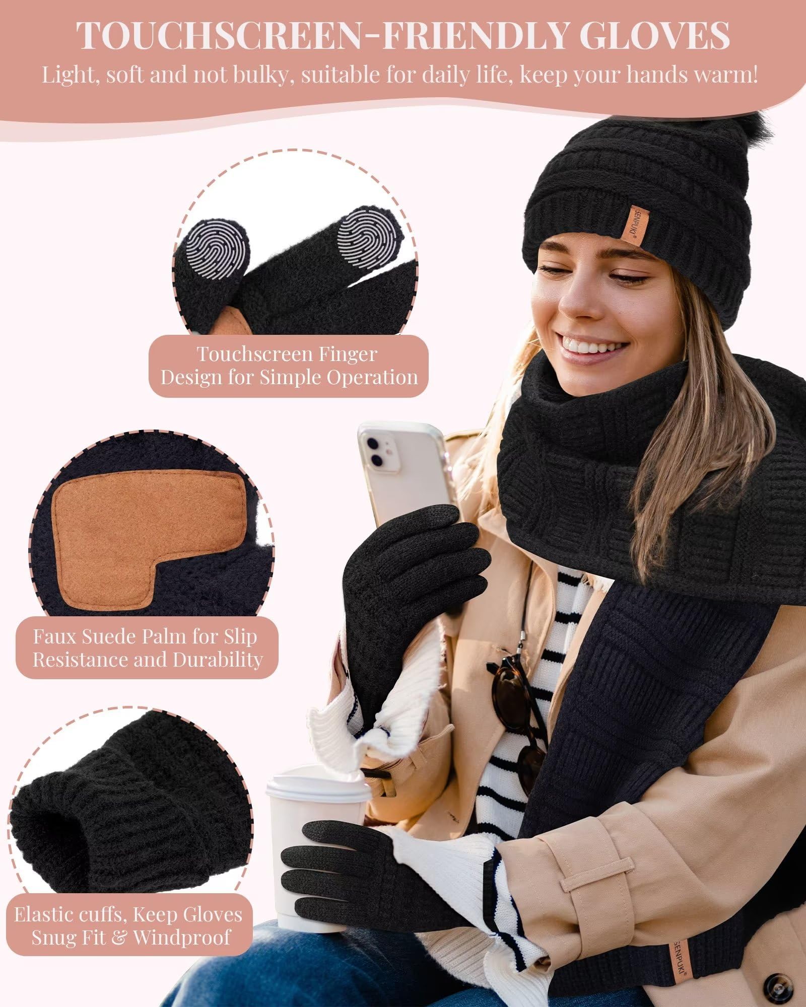 Womens Winter Beanie With Pom Pom, Fleece Lined Scarf and Touchscreen Gloves Set for Cold Weather (Black)