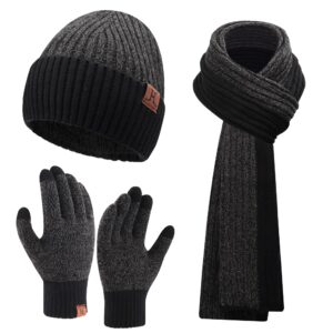 mens & womens winter knit hat beanie long neck scarf touchscreen gloves set skull cap with fleece lined gifts for men women