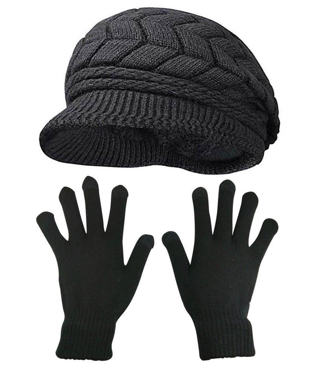 HINDAWI Winter Hat Gloves for Women Knit Snow Ski Outdoor Caps Touch Screen Mittens (Black)