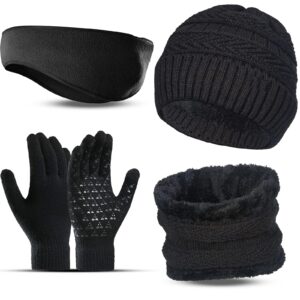 ski winter hat scarf gloves set for men, knit beanie hat,neck warmer scarf,warmer touch screen gloves and earmuffs ear warmer for men women outdoor (black)