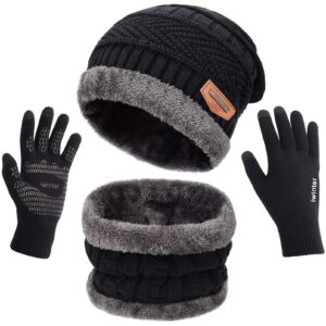 maylisacc 3 pcs warm winter knit hat scarf and glove set for men women tech touchscreen gloves black