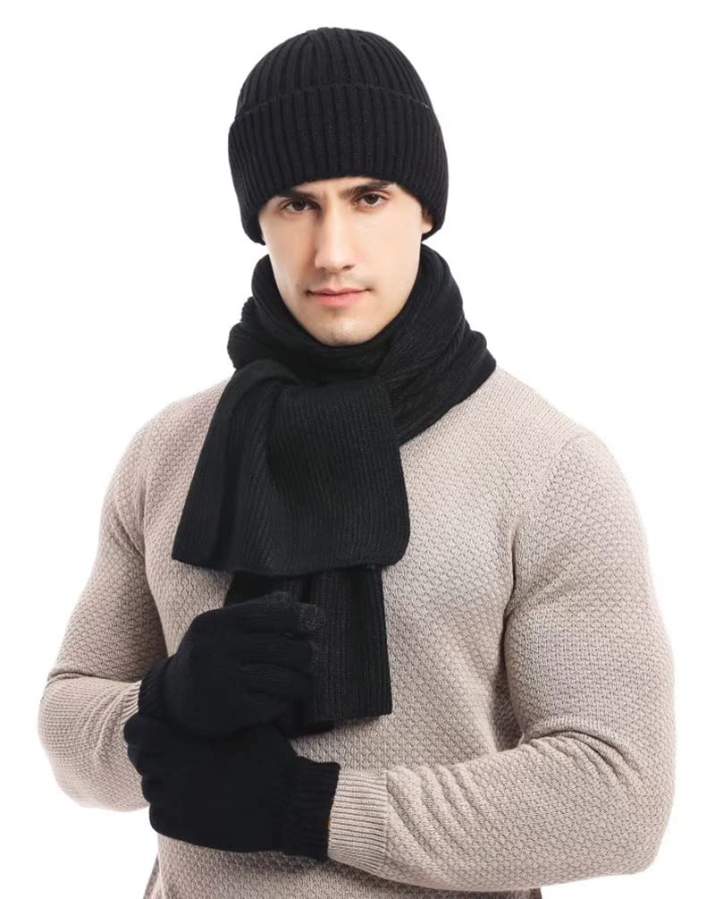 Maleroads Mens Beanie Scarf Gloves Set Knit Winter Fleece Lining Thick Hat Shawl For Women