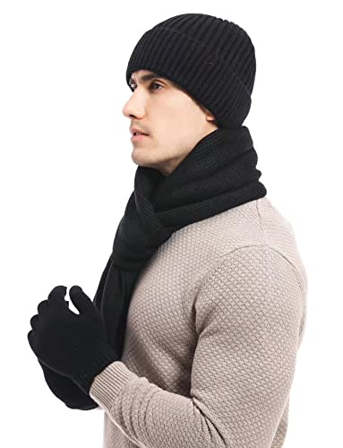 Maleroads Mens Beanie Scarf Gloves Set Knit Winter Fleece Lining Thick Hat Shawl For Women