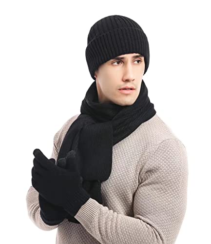 Maleroads Mens Beanie Scarf Gloves Set Knit Winter Fleece Lining Thick Hat Shawl For Women