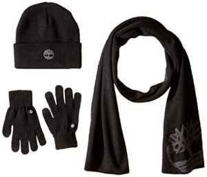 timberland double layer scarf, cuffed beanie & magic glove gift set accessory, black, one size