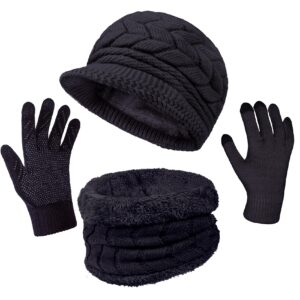 3-pieces winter hat gloves scarf set, knit warm beanie hat neck warmer touch screen mittens for women, black