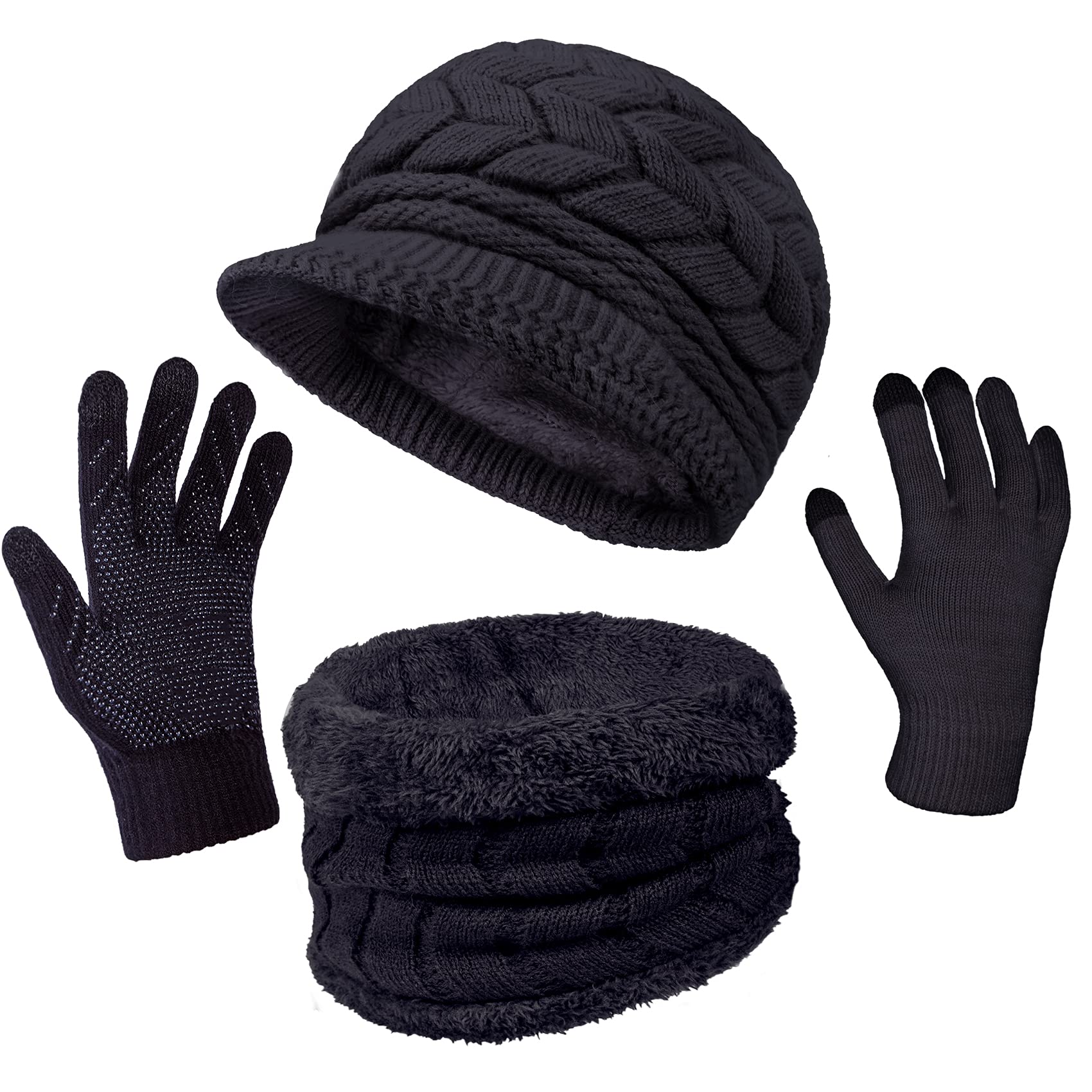 3-Pieces Winter Hat Gloves Scarf Set, Knit Warm Beanie Hat Neck Warmer Touch Screen Mittens for Women, Black