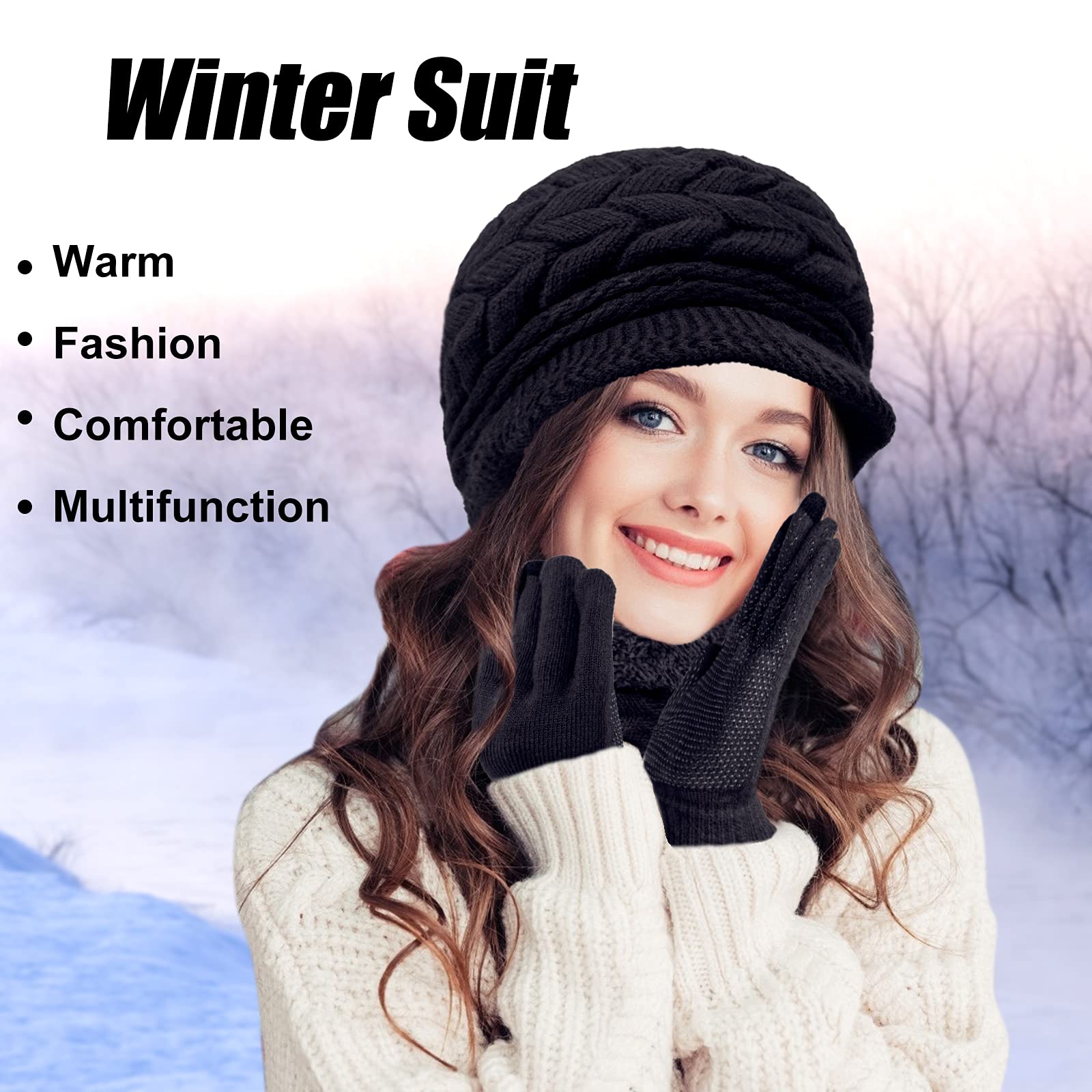 3-Pieces Winter Hat Gloves Scarf Set, Knit Warm Beanie Hat Neck Warmer Touch Screen Mittens for Women, Black