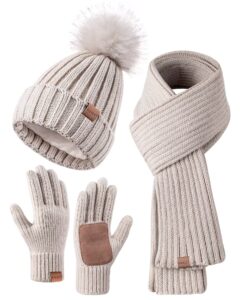 womens fleece lined winter hat, scarf and glove set - with pom pom beanie, long scarf and touchscreen gloves (oatmeal)