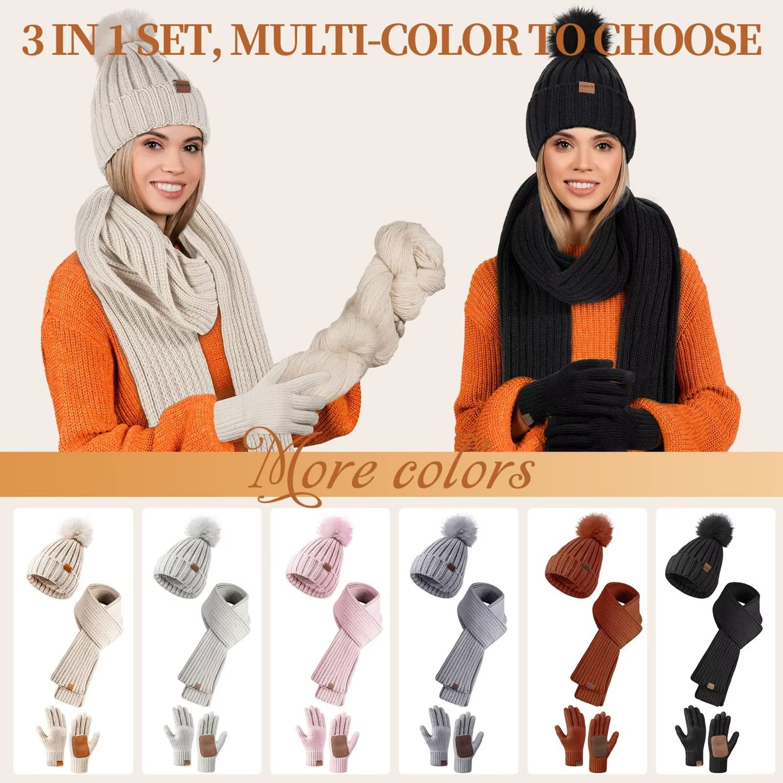 Womens Fleece Lined Winter Hat, Scarf and Glove Set - With Pom Pom Beanie, Long Scarf and Touchscreen Gloves (Oatmeal)