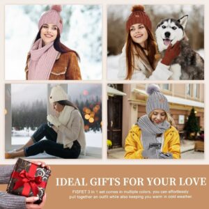 Womens Fleece Lined Winter Hat, Scarf and Glove Set - With Pom Pom Beanie, Long Scarf and Touchscreen Gloves (Oatmeal)