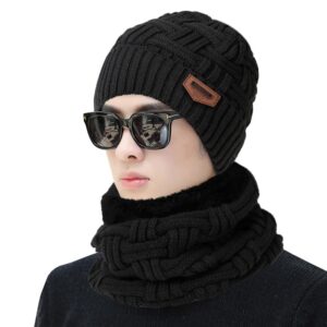 3-Pieces Winter Beanie Hat Scarf and Touch Screen Gloves Set Warm Knit Skull Cap Gifts for Men Women,Black