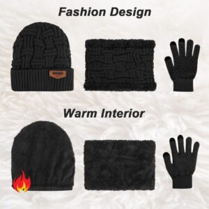 3-Pieces Winter Beanie Hat Scarf and Touch Screen Gloves Set Warm Knit Skull Cap Gifts for Men Women,Black