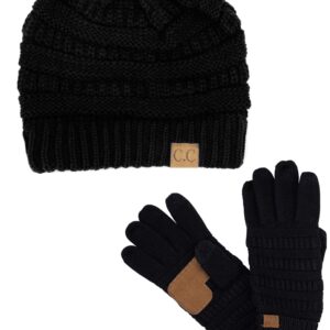 C.C Unisex Soft Stretch Cable Knit Beanie and Anti-Slip Touchscreen Gloves 2 Pc Set, Black