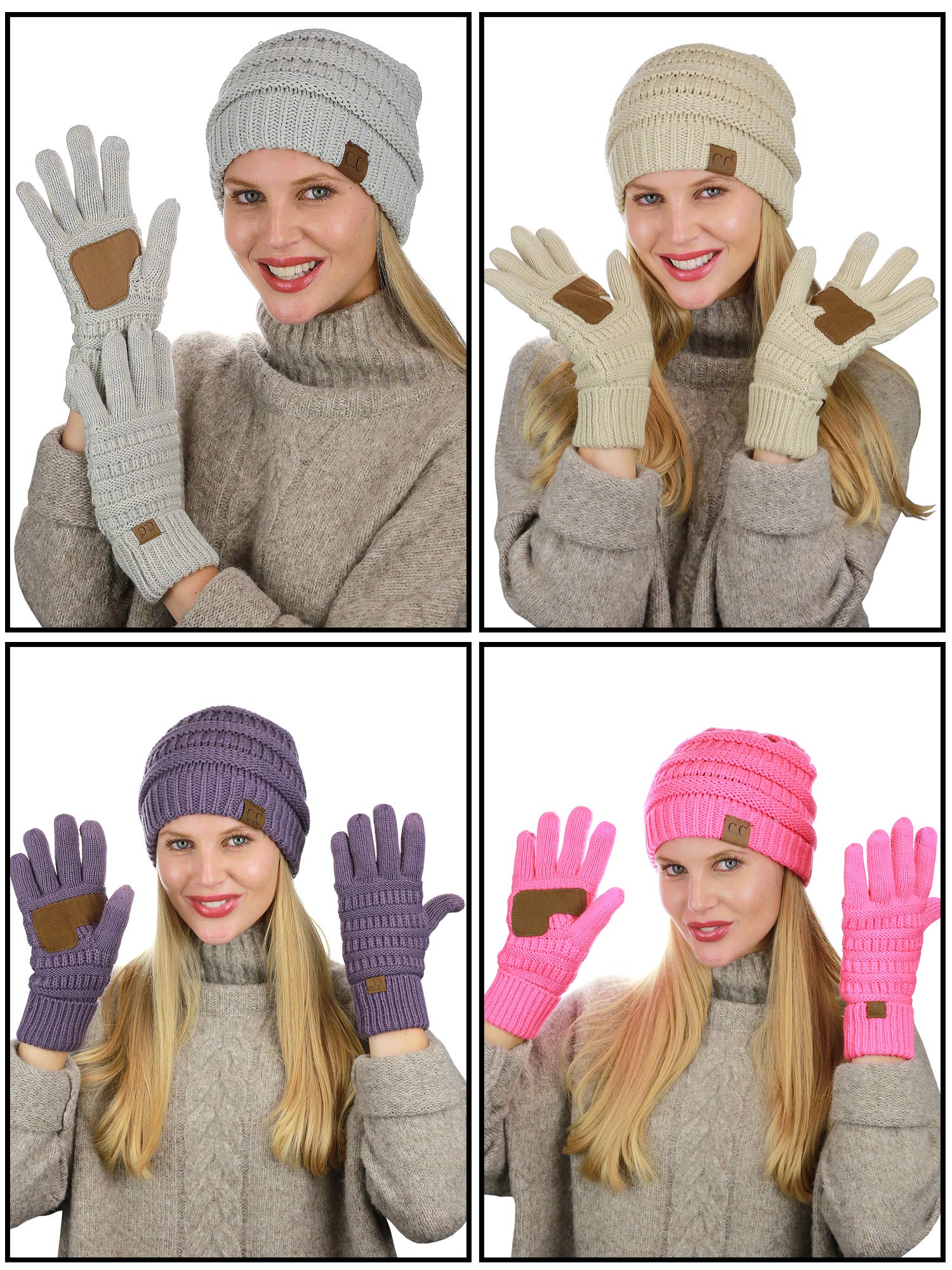 C.C Unisex Soft Stretch Cable Knit Beanie and Anti-Slip Touchscreen Gloves 2 Pc Set, Black