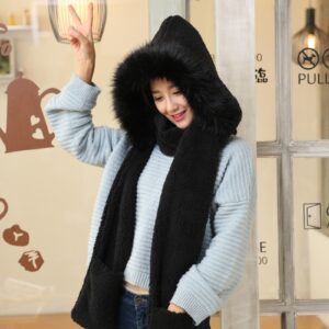 Winter Warm Women Hoodie Hat/Scarf/Gloves Set Soft Plush Thick Warm Hat