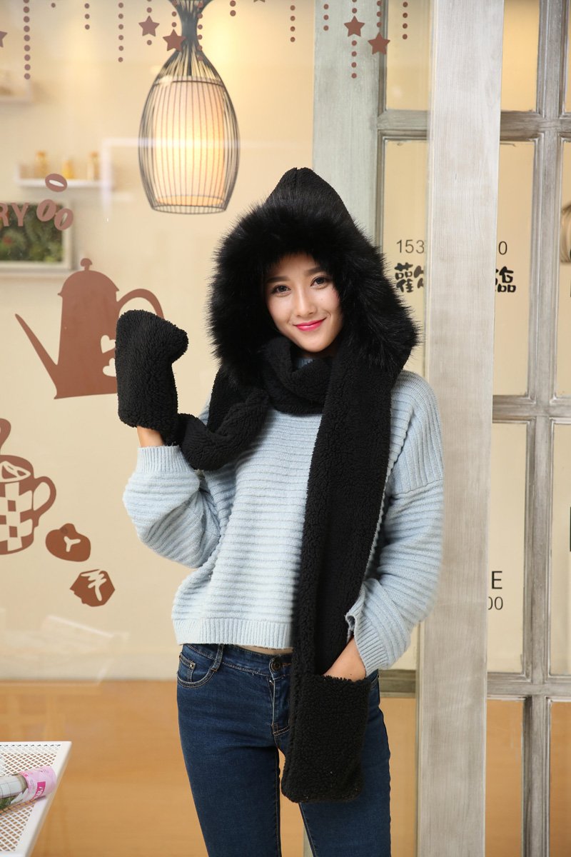 Winter Warm Women Hoodie Hat/Scarf/Gloves Set Soft Plush Thick Warm Hat