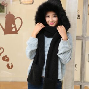 Winter Warm Women Hoodie Hat/Scarf/Gloves Set Soft Plush Thick Warm Hat