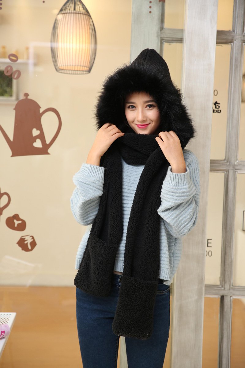 Winter Warm Women Hoodie Hat/Scarf/Gloves Set Soft Plush Thick Warm Hat