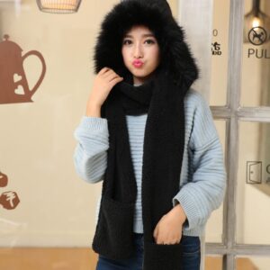 Winter Warm Women Hoodie Hat/Scarf/Gloves Set Soft Plush Thick Warm Hat