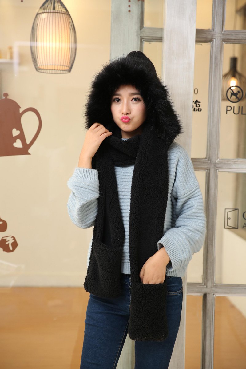 Winter Warm Women Hoodie Hat/Scarf/Gloves Set Soft Plush Thick Warm Hat