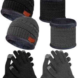 6 Pcs Men Womens Winter Hat Glove Scarf Sets Beanie Scarf Touchscreen Gloves Knit Skull Cap Fleece Neck Warm Scarf Mitten (Black, Gray)