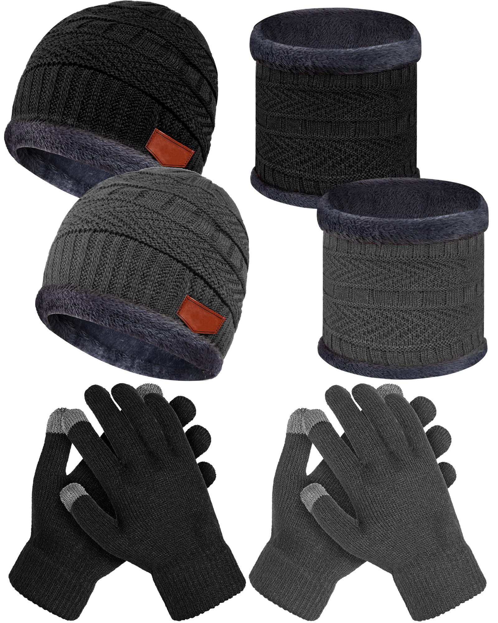 6 Pcs Men Womens Winter Hat Glove Scarf Sets Beanie Scarf Touchscreen Gloves Knit Skull Cap Fleece Neck Warm Scarf Mitten (Black, Gray)